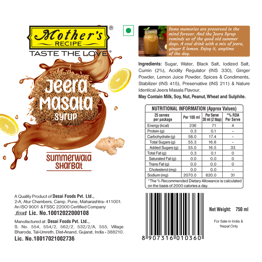 Mothers Recipe Jeera Masala Syrup 750 ml